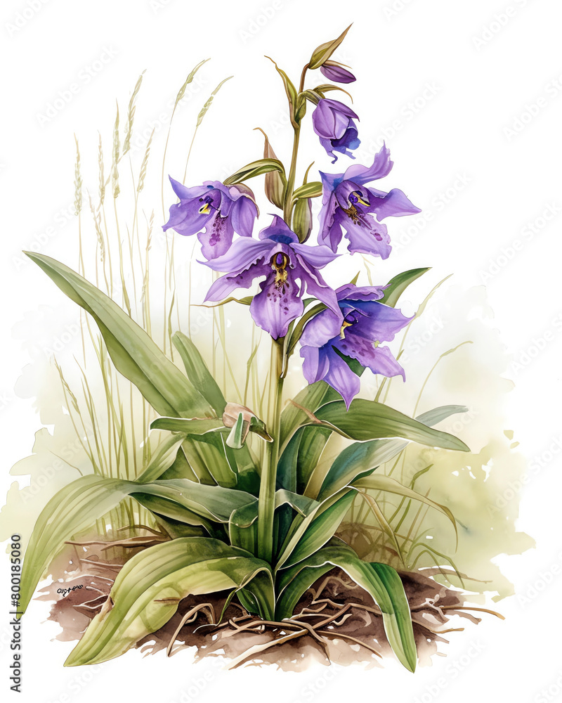Bletilla striata, hardy ground orchid, robust watercolor, wild forest ...