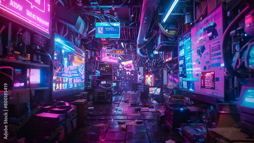 Cyberpunk alleyway bathed in neon glow, alive with digital billboards ...