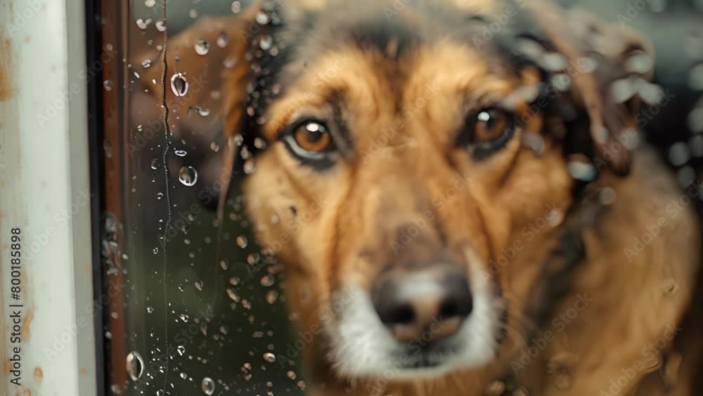 A dog is looking out a window with raindrops on the glass. The dog's ...