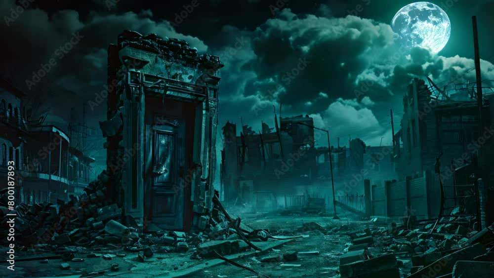 A dark and gloomy cityscape with a large moon in the sky. The scene is ...