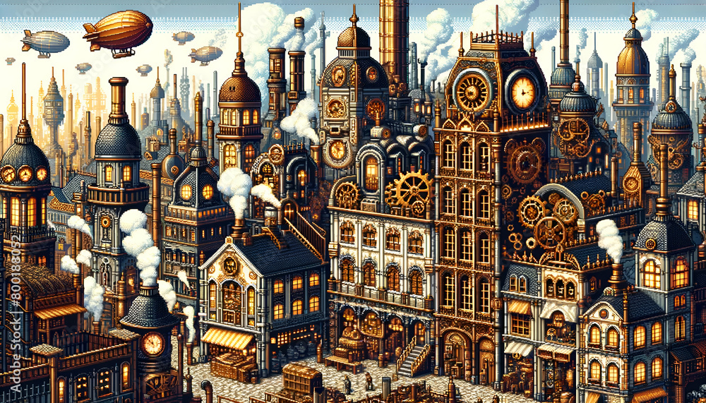 Steampunk Pixel Art of Mechanized Cityscape, Pixel art depicting a detailed steampunk cityscape ...