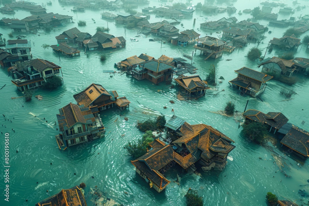 Flooded village with traditional houses standing in deep waters ...