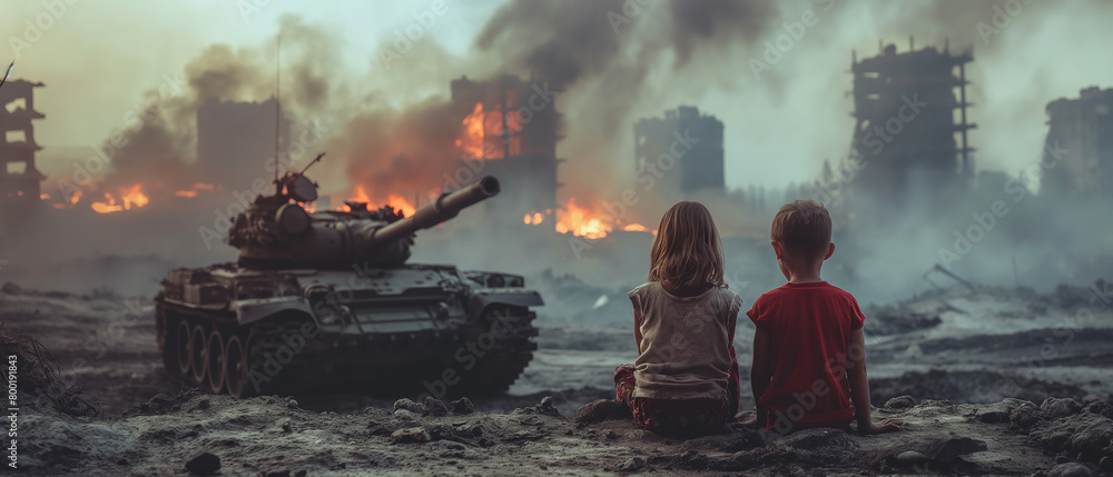 kids sitting in front of tank. Generative AI Stock Illustration | Adobe ...