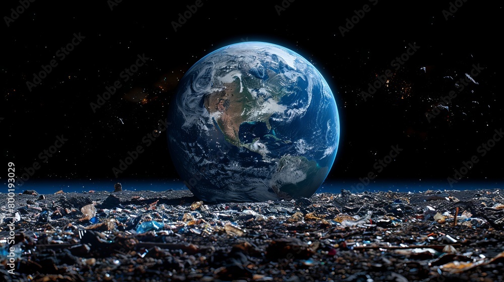 Planet Earth Hovering Over Landfill Wasteland Symbolizing Environmental ...