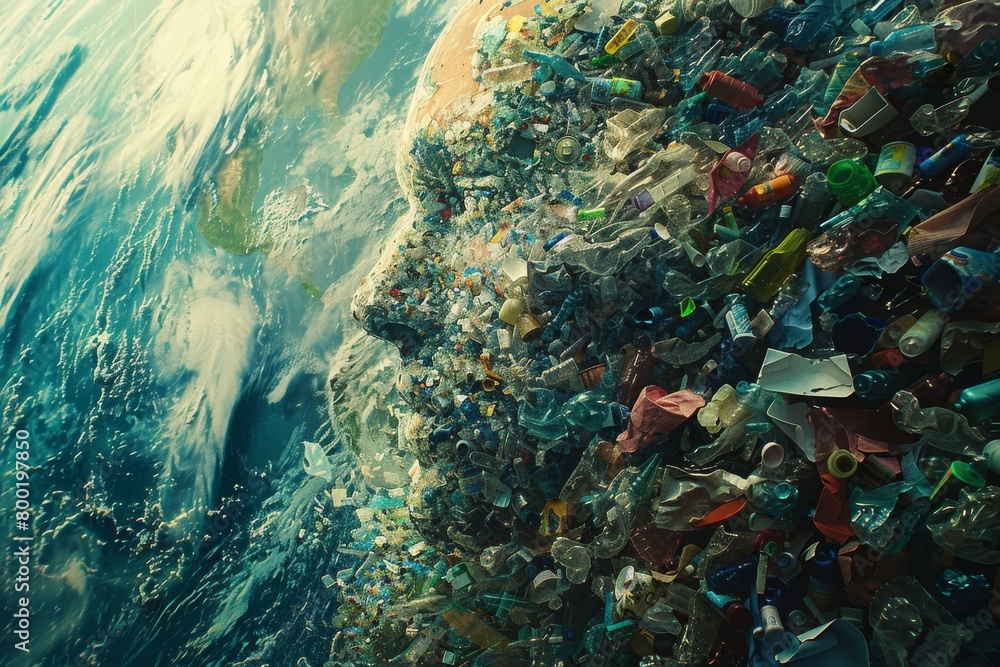 Globally impactful view of earth with overwhelming plastic pollution ...