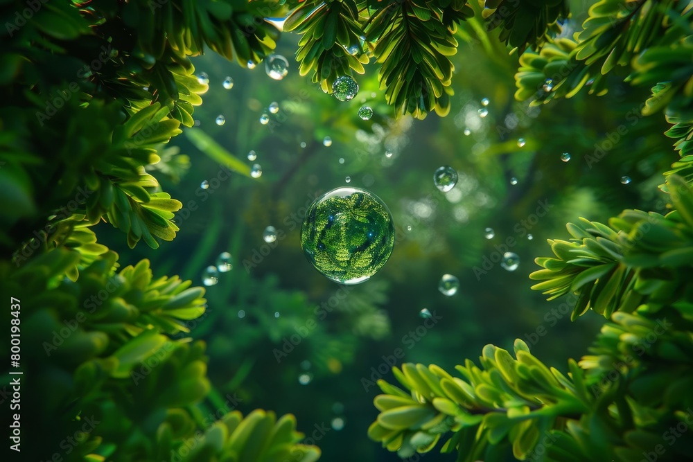 A microscopic view of a single raindrop falling on a lush forest canopy ...