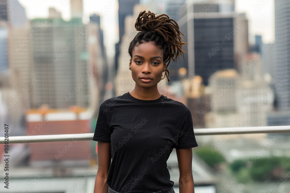 African American female model with dreadlocks - black t-shirt mockup ...