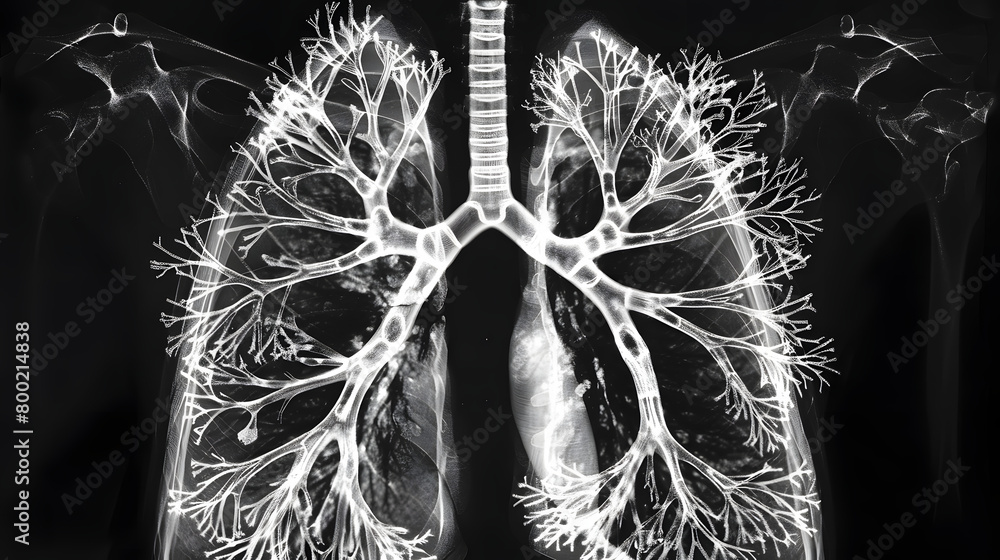 articulate x-rayed structure of bronchi in lungs, black and white Stock ...