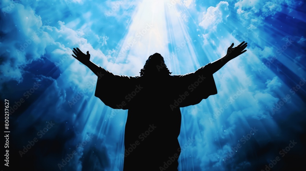 silhouette of Jesus christ with arms raised up dark blue clouds Stock ...