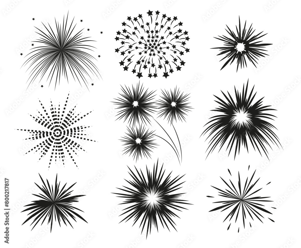 Set of firework icons. Fireworks with stars and sparks isolated on ...