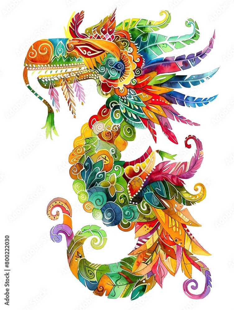 A vibrant watercolor rendering of Quetzalcoatl, the feathered serpent ...