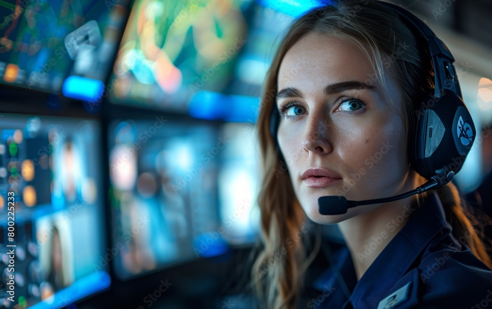 Security control room guards monitor video walls, while emergency ...