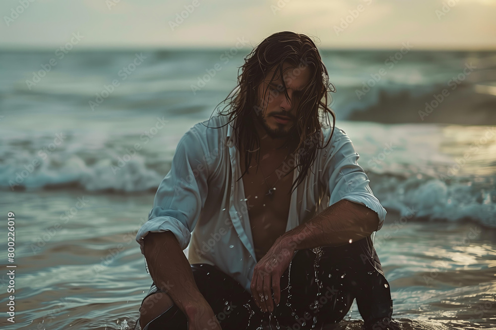 atractive man with wet long hair, wearing a white vintage shirt and ...