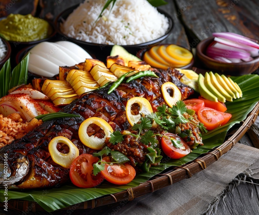 Filipino feast with grilled fish rice fried veggies salted egg and ...