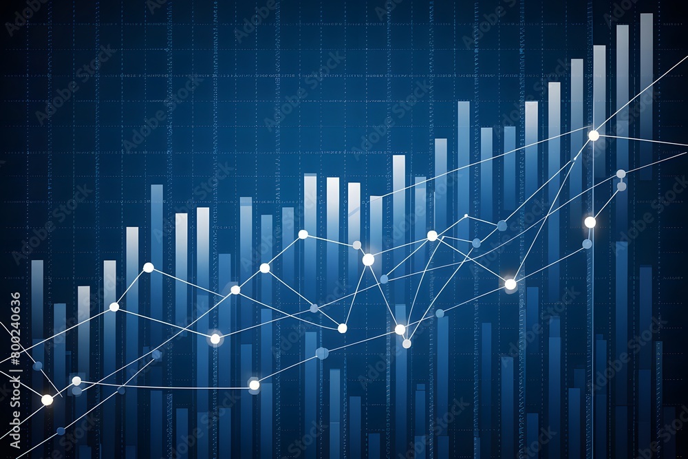 Financial graph with bars and lines on navy background, showing data ...