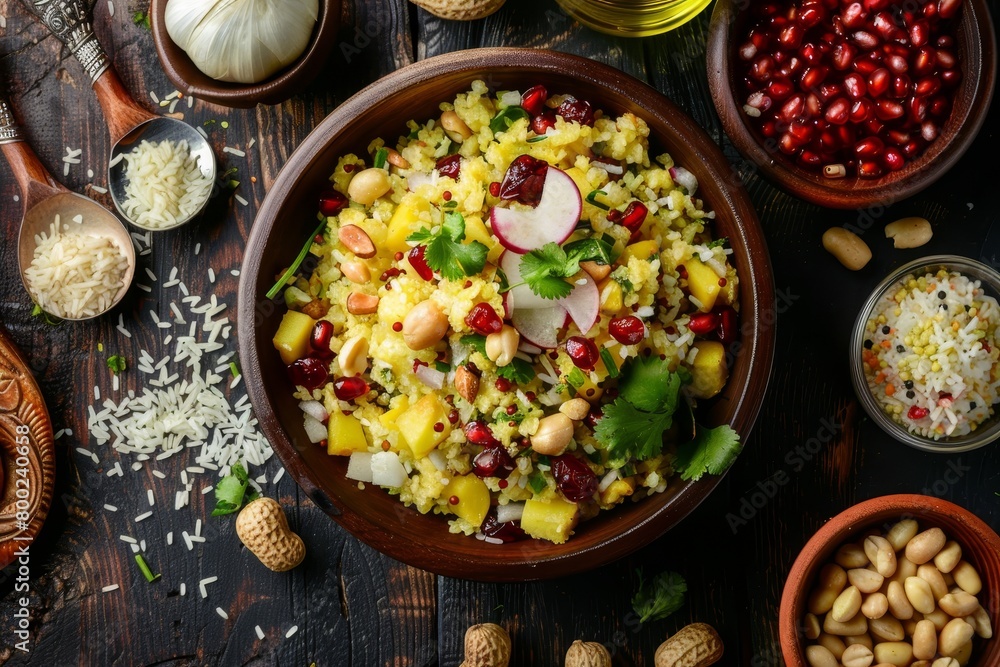 Indian breakfast dish of Poha topped with dry fruits curry leaves ...