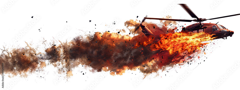 Combat helicopter explosion in the air from a missile hit isolated on ...