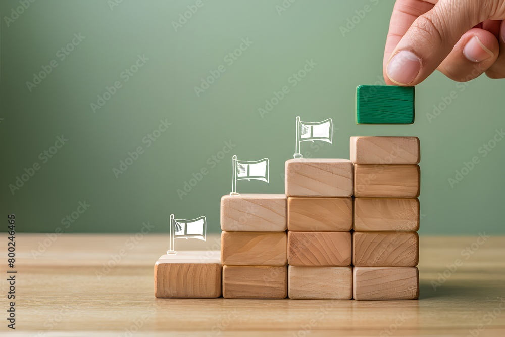 Wooden blocks stair with green block on top, flag icons, finger placing ...