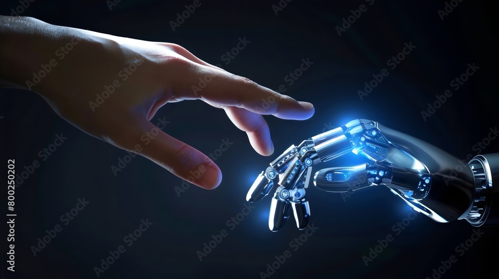 Human and robot handshake on dark background human-machine connection ...