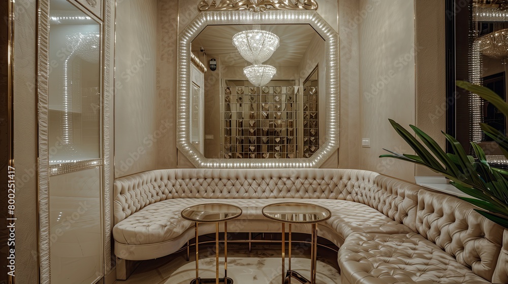 A glamorous dressing room with a Hollywood mirror and velvet seating ...