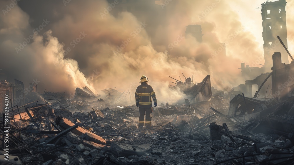 A solitary firefighter standing amidst the ruins of a burnt-out ...