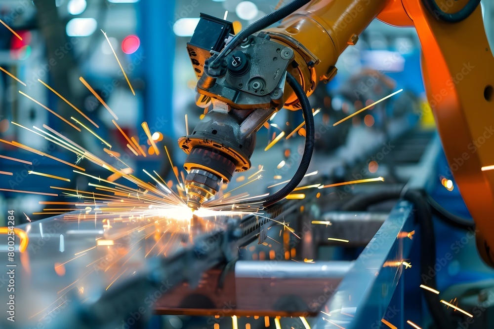 Robotic welding arm on assembly line in vehicle production factory ...