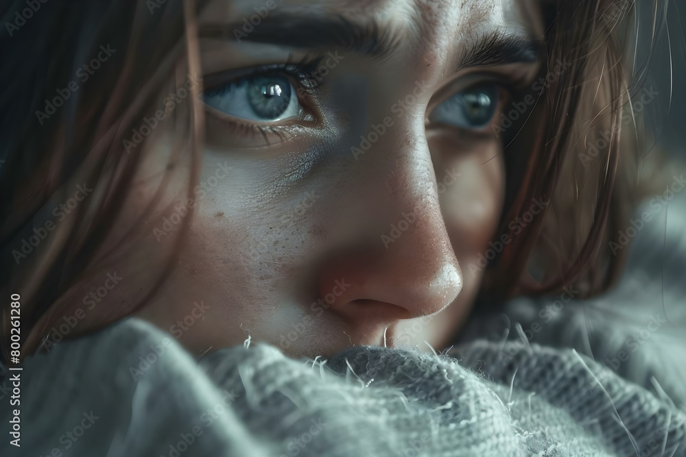Signs of sleep deprivation and stress on the face of a hostage in close ...