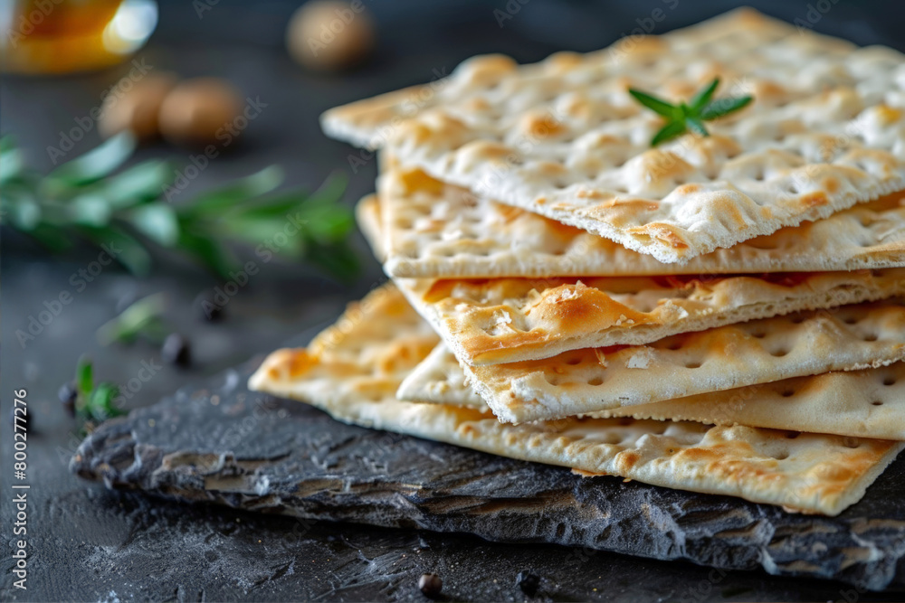 Jewish holiday bread matzah on a dark background. Traditional Jewish ...