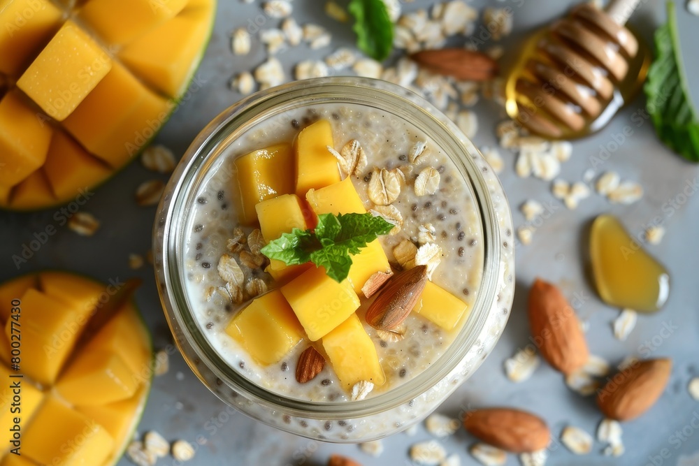 Overnight oats with mango and almonds made by soaking oats and chia ...