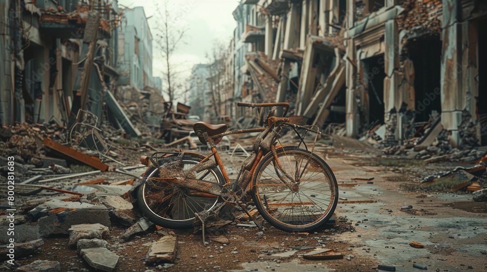 Rusty bicycle lying on a devastated street with the ruins of collapsed ...
