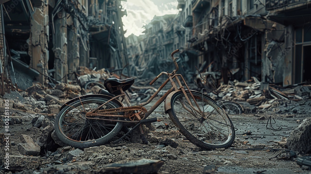 Rusty bicycle lying on a devastated street with the ruins of collapsed ...