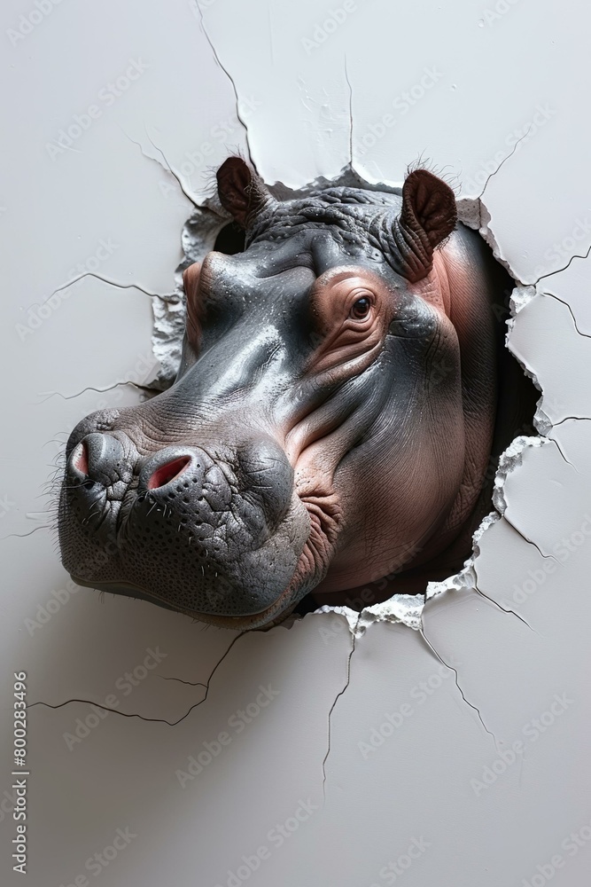 Hippo head breaking through wall, hyper-realistic 3D art, impactful for ...