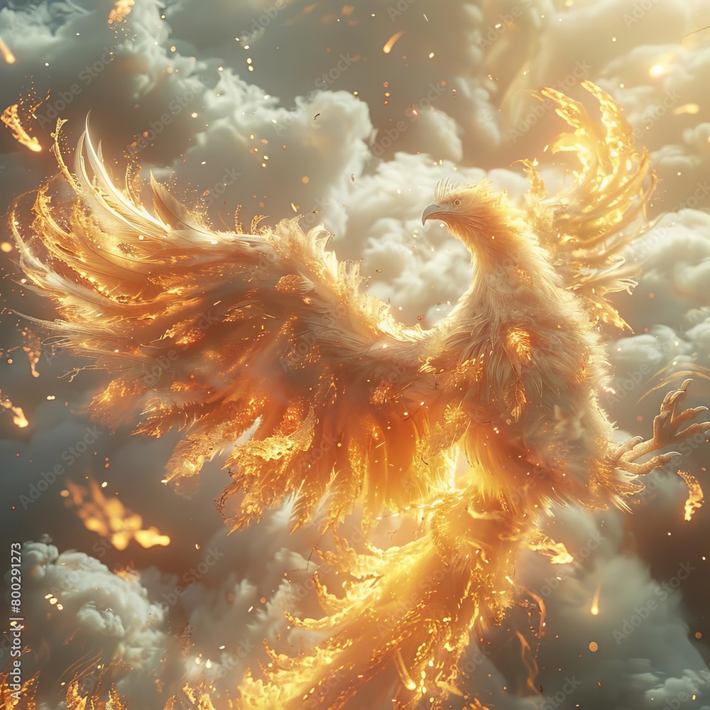 3D model of a Phoenix during rebirth, surrounded by flames and smoke ...