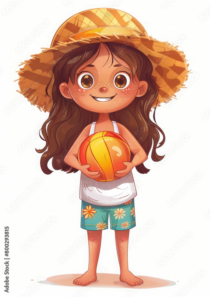 little cute girl in summer clothes, straw hat with a ball on a white ...