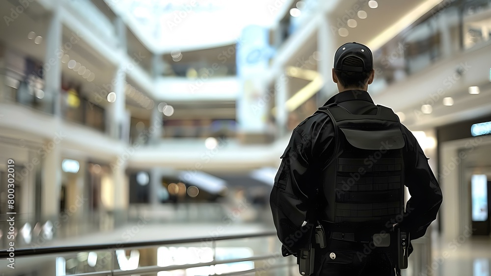 Security Guard Stands in Black Uniform With His Back to Shopping Mall ...