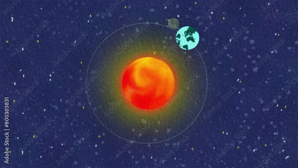 Animated Cartoon Solar System about Sun, Earth and Moon and Galaxy with ...