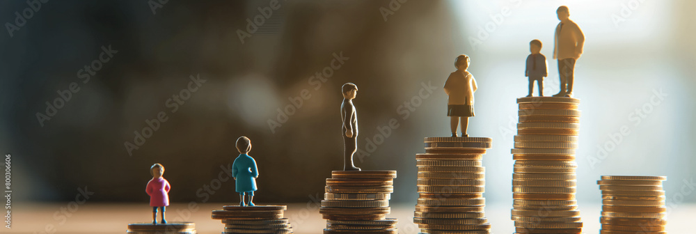 Graduated coin stacks and toy figures in various sizes depict financial ...