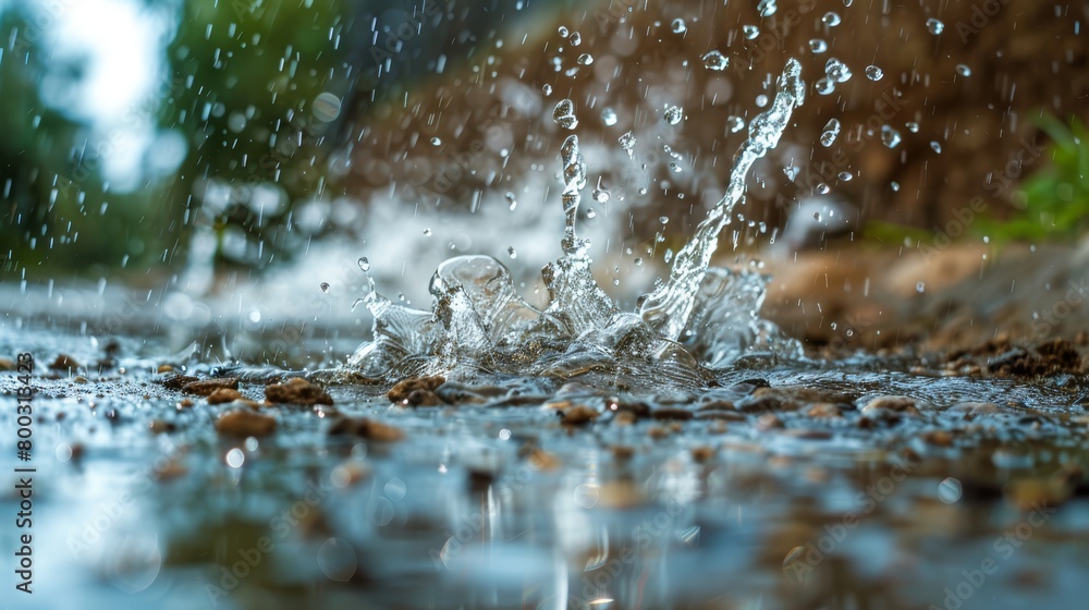 Water splash in a puddle with pebbles on the ground captured in motion ...
