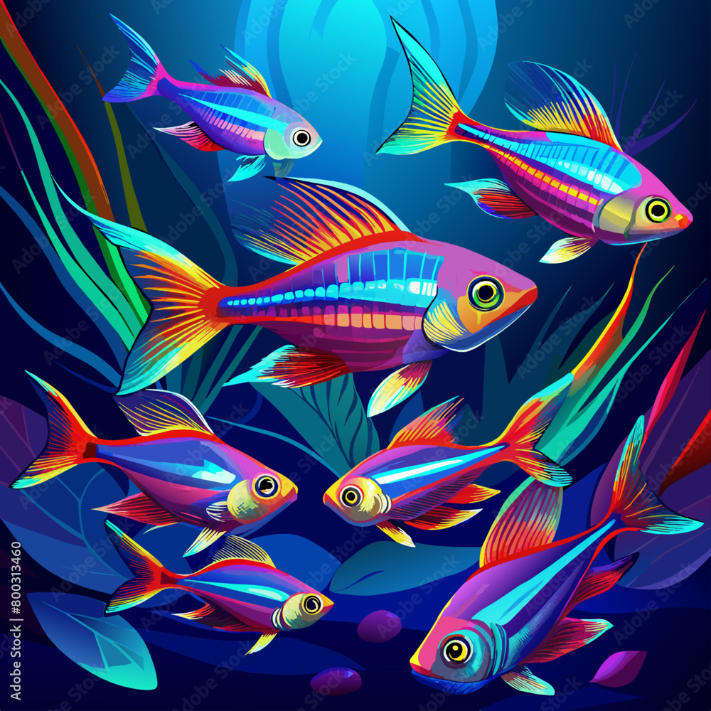 Group of neon tetra fish, glinting under studio lighting, acrylic ...