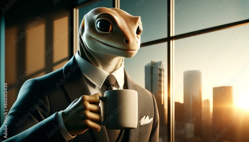 A gecko wearing a suit and tie is drinking coffee and looking out the ...