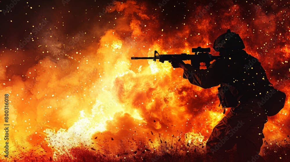Soldier in combat gear engaging in a firefight with a blazing ...