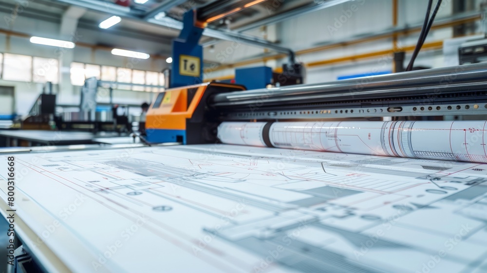 an advanced large format plotter in an industrial design office vibrant ...