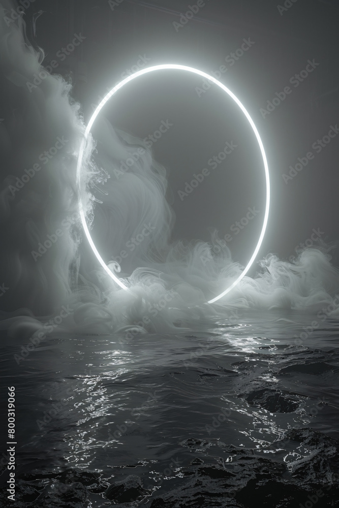 A large white circle in the center of an empty room with fog and light ...