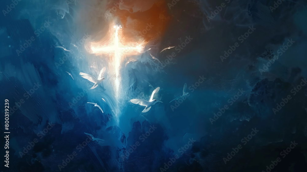 oil painting style illustration of a heavenly lit christian cross among ...