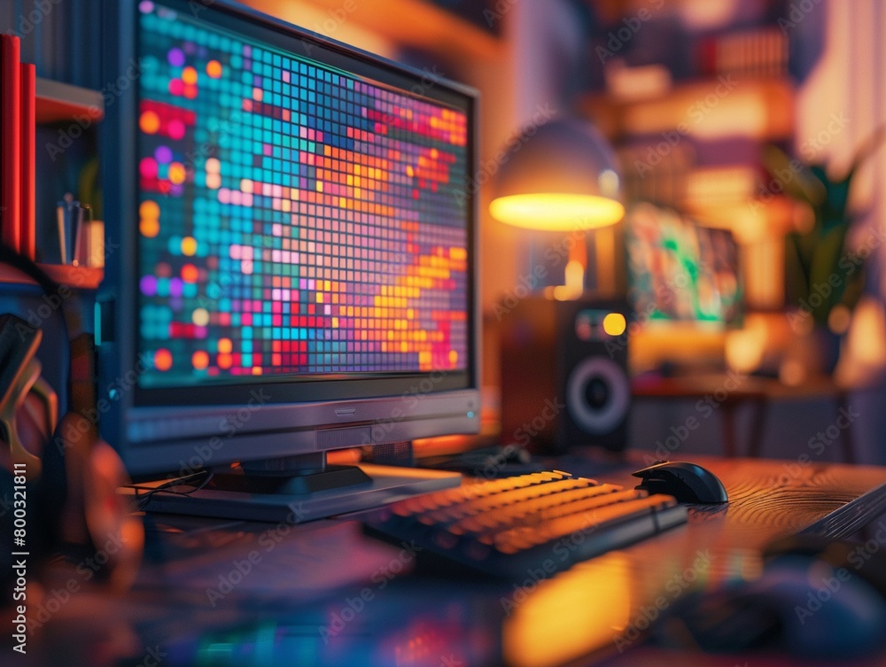 3D close-up of a vintage computer monitor displaying pixel art, soft ...