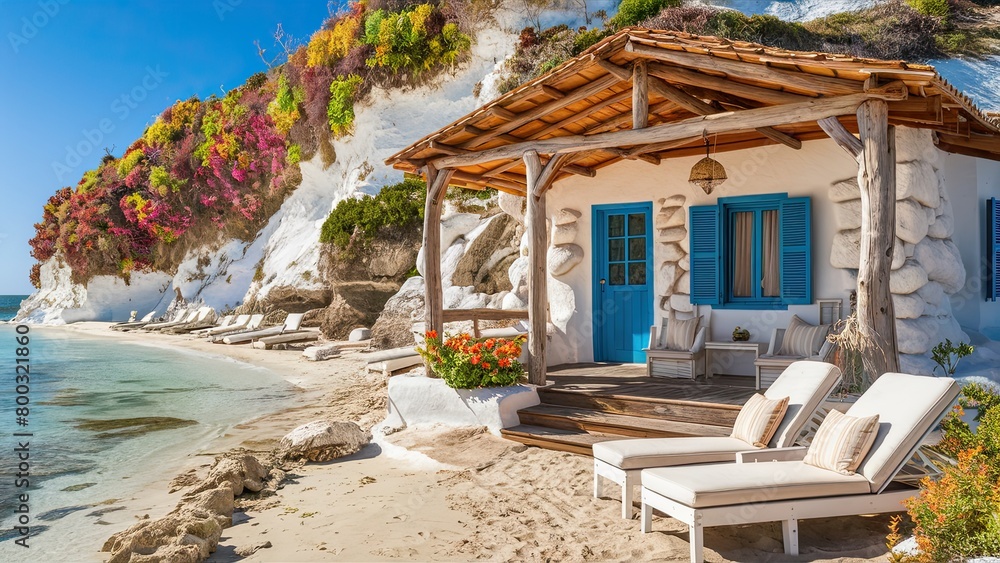 Cute beach house with rustic wooden roof, blue windows, wooden porch ...