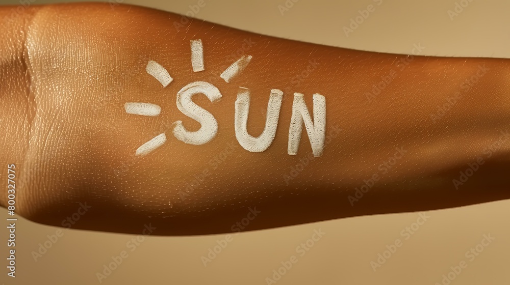 sunscreen swatch in shape of title "SUN" on woman's skin arm close up ...