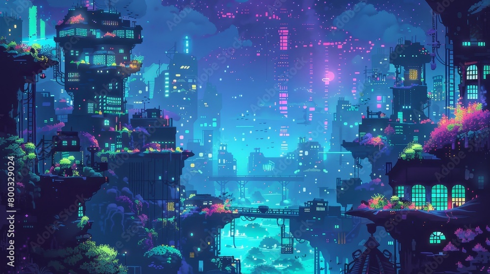Pixel art of an underwater city, featuring bioluminescent ecosystems ...