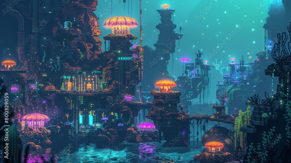 Pixel art of an underwater city, featuring bioluminescent ecosystems ...