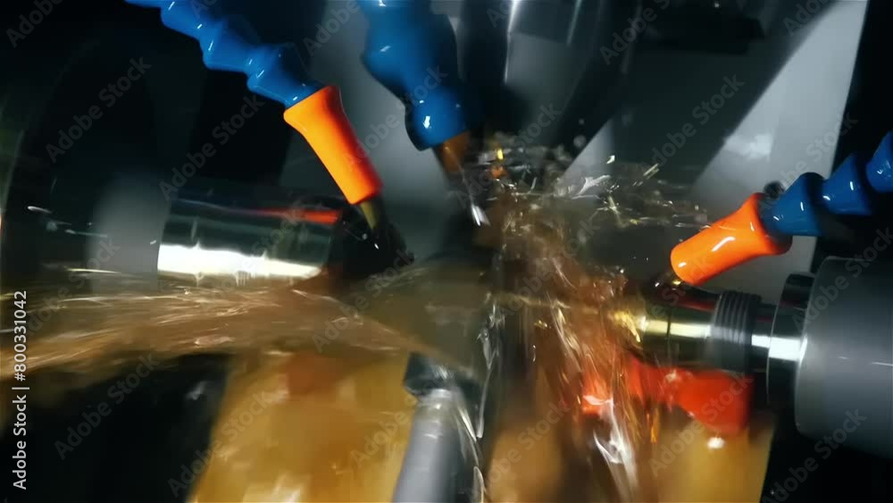 Close Up. Tubes Pouring Coolant Liquid On Mechanical Milling Machine ...